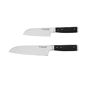 KitchenAid Gourmet Forged Triple Rivet Santoku Knife Set with Custom-Fit Blade Covers, 7-inch Santoku Knife, 5-inch Santoku Knife, 2-Piece Set, High-Carbon Japanese Stainless Steel Blades, Black