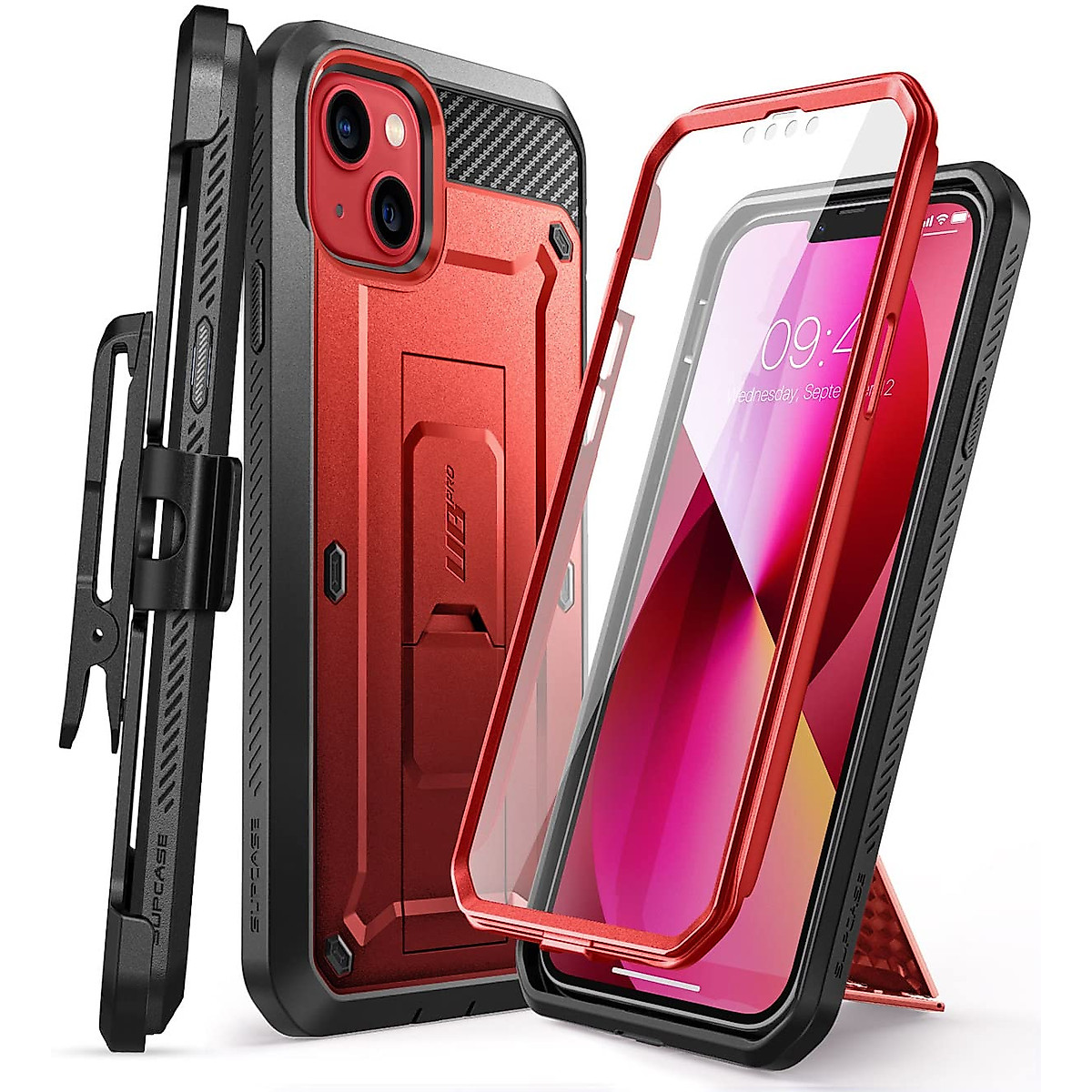 SUPCASE for iPhone 13 Case with Stand & Belt-Clip (Unicorn Beetle Pro), [Built-in Screen Protector] [Military-Grade Drop Protection] Heavy Duty Rugged Kickstand Phone Case for iPhone 13, Ruddy