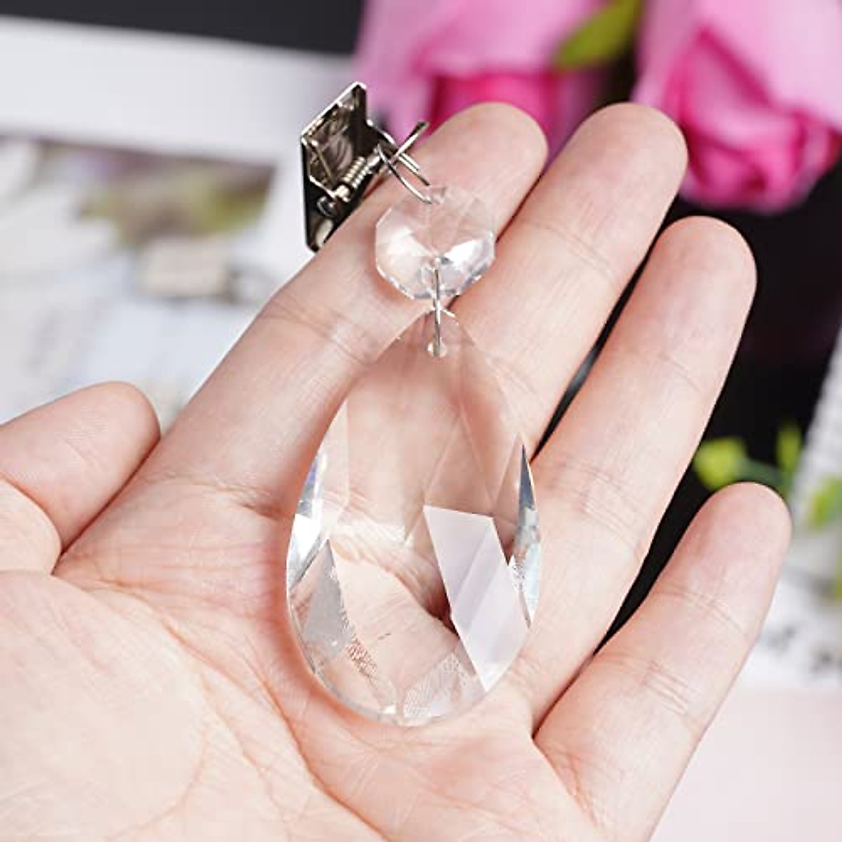 Lystaii 12pcs Tablecloth Weights Set with 12pcs Metal Clip Kit, AB Crystal Teardrop Pendant Glass Tablecloth Weights Heavy Outdoor Prisms Pendants for Home Decoration Picnic Tables Christmas (50mm)