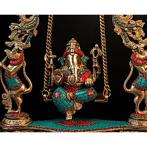 SHIVAJI ARTS Brass Ganesha Statue on Swing, 20 Inch Big Large Ganesh Idol on Jhoola in Brass, Swinging Ganesh Idol, Jhula Ganesh Murti, Showpiece