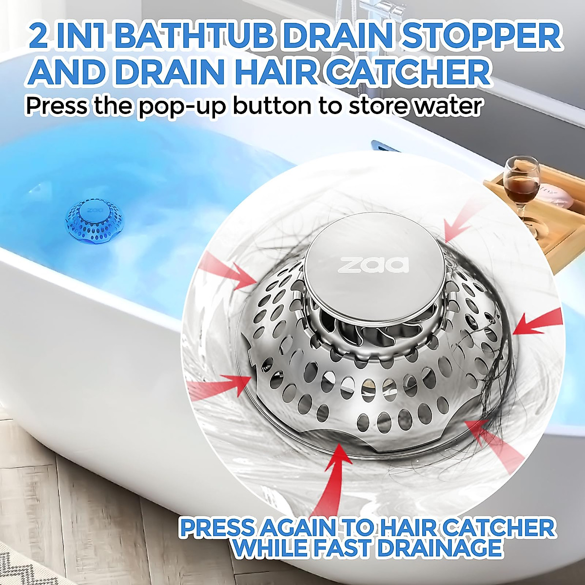 zaa Bathtub Drain Stopper, Upgraded 2in1 Tub Stopper Bathtub Drain Cover and Hair Catcher, Pop Up Bathtub Drain Plug, Replaces Lift & Turn, Tip-Toe or Trip Lever, for 1.46-2" W Drain Hole, Silver