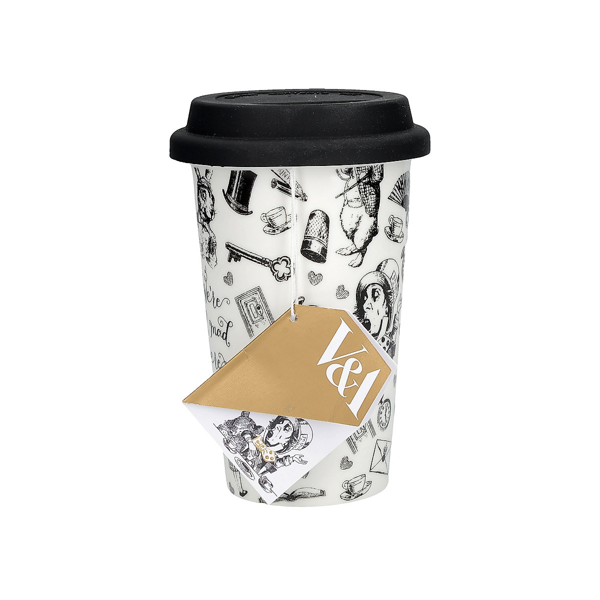 CreativeTops Victoria and Albert 'Alice in Wonderland' Ceramic Travel Mug – Black and White
