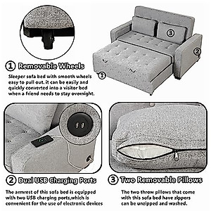 Gynsseh Pull Out Sofa Sleeper, 3 in 1 Convertible Sleeper Bed with Dual USB Ports and 2 Pillows, Linen Upholstered Adjustable Loveseat Couch for Living Room (Light Gray),Full Size