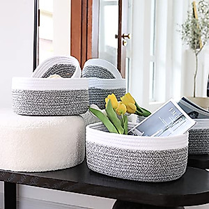 LA JOLIE MUSE Rope Storage Baskets for Organizing, Multipurpose Collapse Storage Basket Set of 3, Medium Cotton Basket Bins for Shelves Nursery Baby Toys, White & Gray