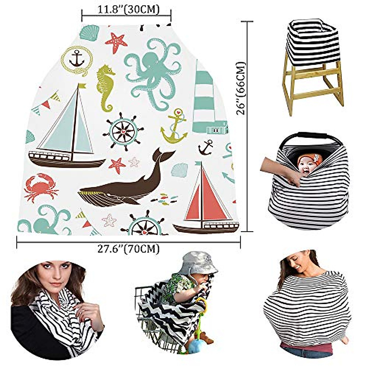 Nautical Ultra-Soft Baby Car Seat Cover for Spring Autumn Winter, Windproof Shopping Cart Covers, Breastfeeding Scarf High Chair Covers - Cute Marine Life Sailing Houselight