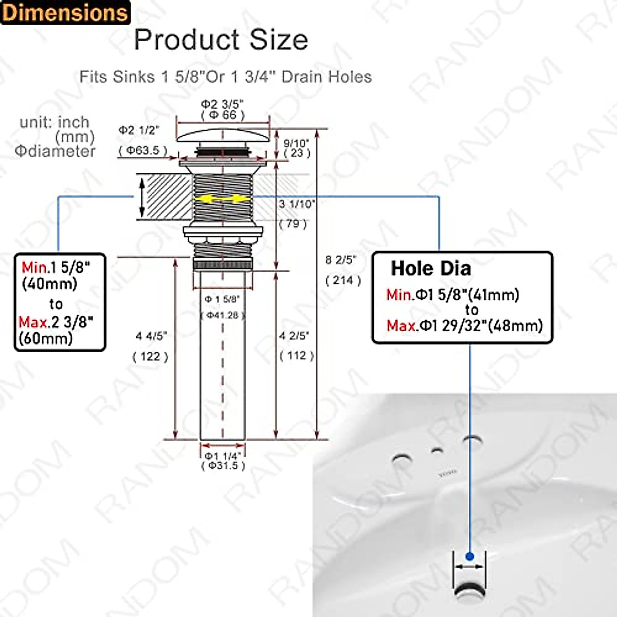 RANDOM Brushed Gold Sink Drain Without Overflow Bathroom Pop Up Drain Faucet Assembly Stopper Vessel Vanity Sink. (Brushed Gold).