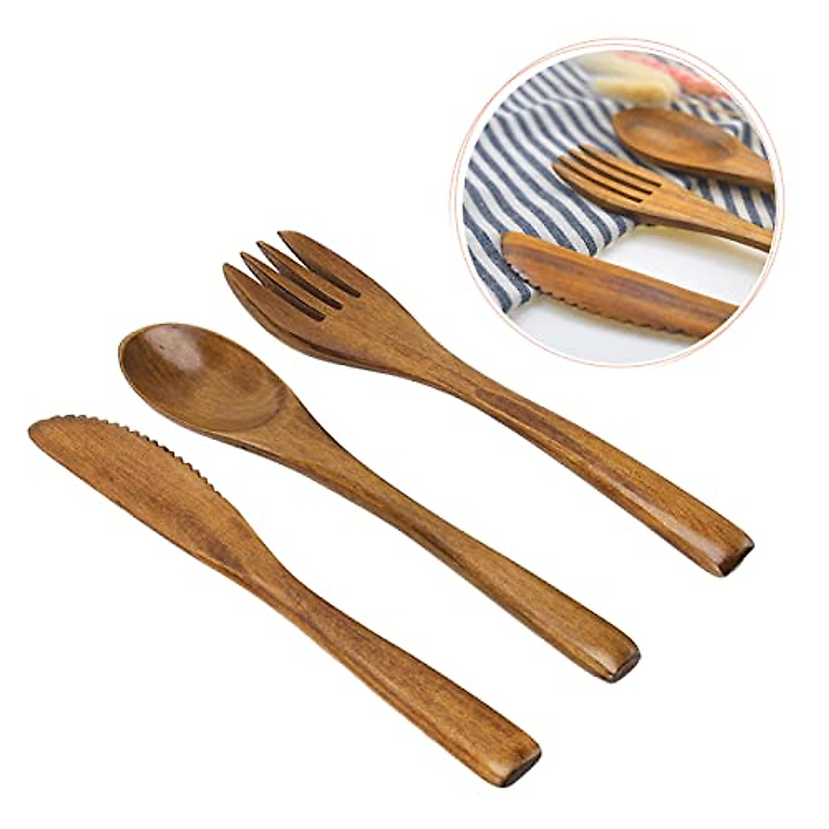 3 Pcs Wooden Knife Fork Spoon Set Heat Resistant Reusable Straight Handle Stylish Wooden Dinner Utensil Kit Durable Kitchen Utensil for Home Use