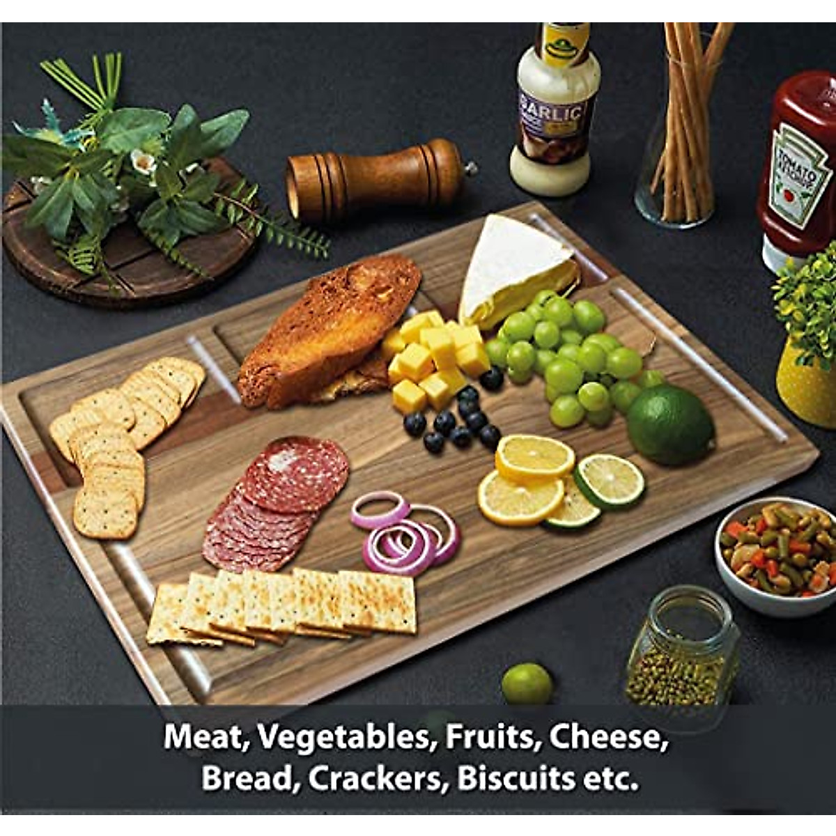 Bilikolik Large Walnut Wood Cutting Board for Kitchen (16x12x1.15) - Reversible Serving Tray - Walnut Cutting Board - Butcher Block - Meat, Vegetables, Fruits, Cheese