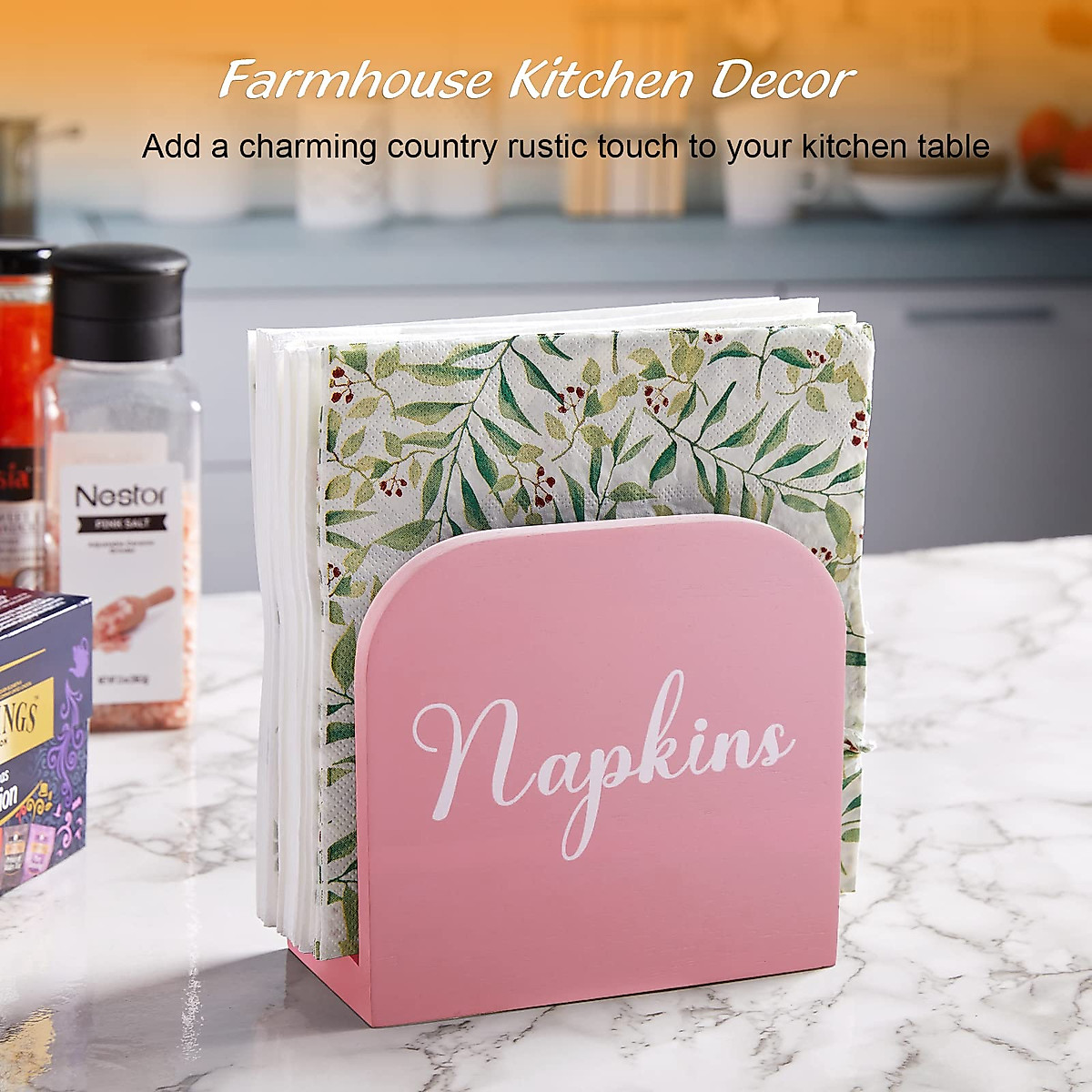 Pink Napkin Holder for Table - ALELION Wooden Napkin Holders for Kitchen - Pink Kitchen Decor and Accessories for Dining Room Table Decor - Wood Napkin Dispenser