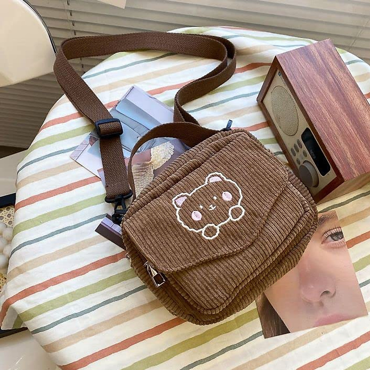 AWXZOM small cute Corduroy Crossbody bag min Kawaii Purse Crossbody Bag small Kawaii Wallet small Kawaii Crossbody Bag (brown)