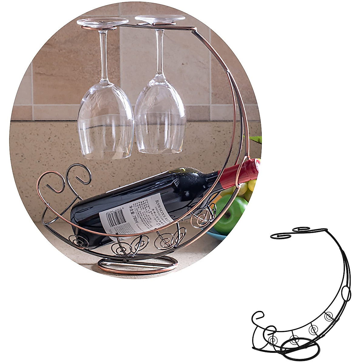 GWYAN Desktop Wine Bottle Holder Stand Vintage Freestanding Wine Rack & Wine Glass Holder Display Rack(Hold 1×Bottles and 2× Cups)