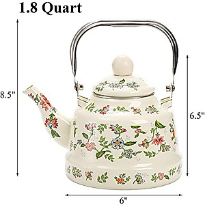 Jucoan 1.8 Quart Enamel Tea Kettle, Vintage Green Floral Enamel on Steel Teapot Water Kettle with Filter and Cool Grip Stainless Steel Handle for Stovetop Induction Gas, No Whistling Teakettle
