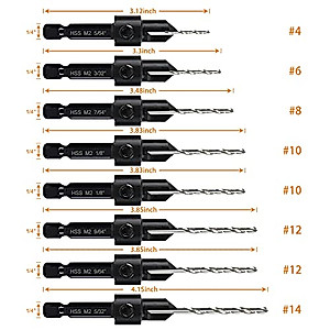 8 Pack Woodworking Countersink Drill Bits Set 3in1, Heavy Duty M2 Pilot Drill Bits Depth Adjustable, 82-Degree Chamfer, 1/4” Hex Shank, for #4#6#8#10#12#14 Screws in Soft & Hard Wood