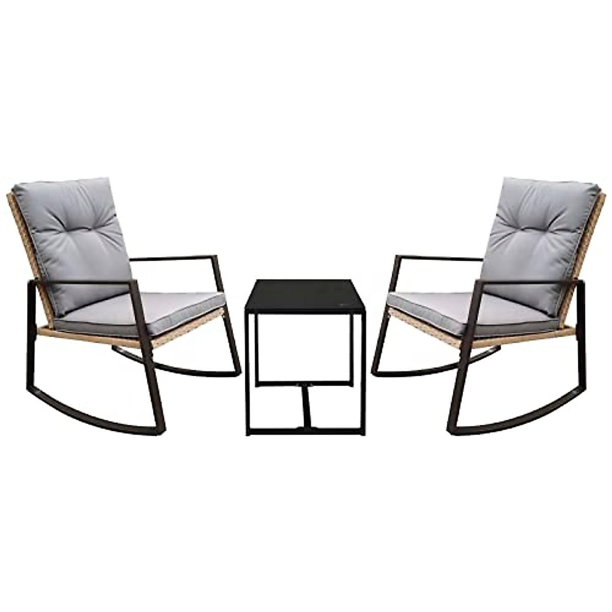 YIYAN 3 Piece Bistro Set Outdoor Patio Rocking Wicker Chairs with Washable Cushion and Coffee Table (Gray)