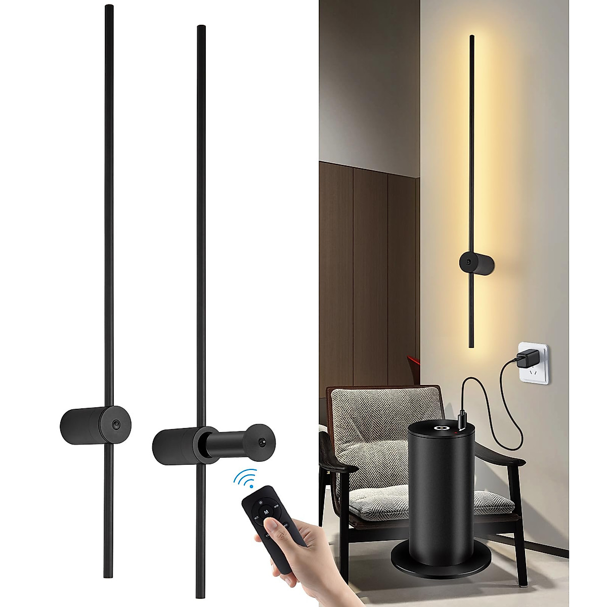 Battery Operated Wall Sconces Set of Two, USB Rechargeable Wall Lights with Remote Control, Dimmable LED Wall Lamp Indoor, 360° Rotation Wireless Lights for Living Room Bedroom Hallway, Black, 40 inch
