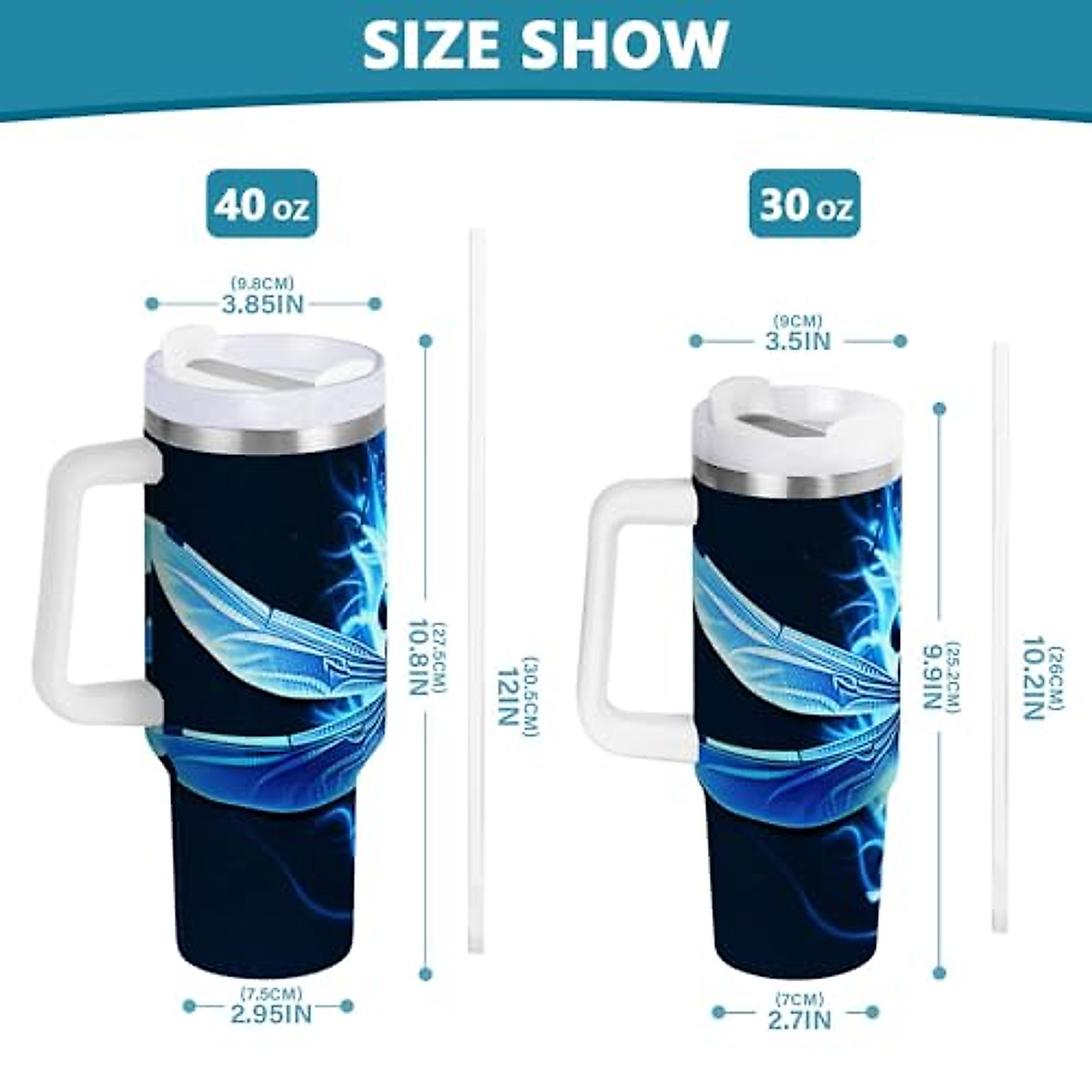 ODAWA 40 Oz Dragonfly Blue Insulated Tumblers with Lid and Straw, Insulated Stainless Steel Tumbler