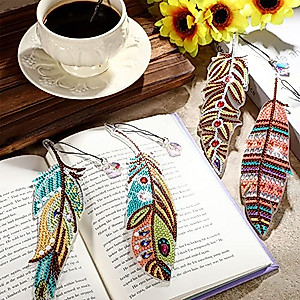 6 Pcs Diamond Painting Bookmarks Kit 5D DIY Feather Rhinestones Bookmark for Kids Adults PVC Art Bookmarks with Crystal Pendant for Crafts School Beginner Office Home, 6 Styles (Vintage)