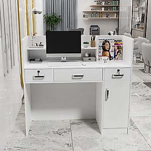 OmySalon Modern Reception Desk, Front Desk Counter with Lockable Drawers and Moveable Shelves, Receptionist Desk Retail Checkout, for Lobby Beauty Salon Office, White (47.2”W x 18.9”D x 43.7”H)