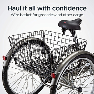 Schwinn Meridian Adult Tricycle Bike, Mens and Womens Three Wheel Beach Cruiser, 26-Inch Wheels, Low Step-Through Frame, Wide Seat, Rear Folding Basket, 1-Speed, Dark Silver