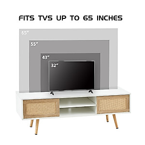 YOUGUO Rattan TV Stand for 65 Inch TV, Boho Entertainment Center with Natural Rattan Sliding Doors & Adjustable Shelf, Wood TV Media Console for Living Room, White