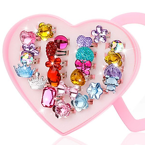 Hifot 24 pcs Girls Crystal Adjustable Rings, Princess Jewelry Finger Rings with Heart Shape Box, Girl Pretend Play and Dress up Rings for Children Kids Little Girls - Random