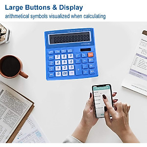 Office Desk Calculator 12 Digits with Solar Power and Easy to Read HD LCD Display, Big Buttons, for Financial Affairs,Home, Office, School, Class and Business,with Battery,Blue