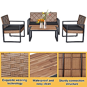 VOTSMOKK 4 Pieces Patio Furniture Set, Outdoor Garden Patio Conversation Sets with Coffee Table, for Backyard, Lawn, Balcony, Outside Patio Table and Chairs Set with Soft Cushions, Black and Brown