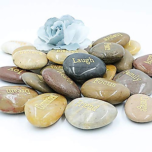 25 Engraved Inspirational Stones with Words of Encouragement – Gold Engraved Stones for Worry Stones, Affirmation Stones, Meditation Stones, Gift Rocks with Inspirational Words of Prayer, Velvet Bag