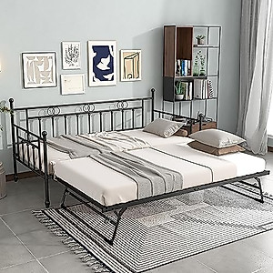 FULLJOJOR Twin Day Bed with Trundle Bed Twin, Metal Daybed with Trundle, Daybed with Pop Up Trundle Bed Frame, Steel Slat Support Sofa Bed for Kids Teens Adults, No Box Spring Needed