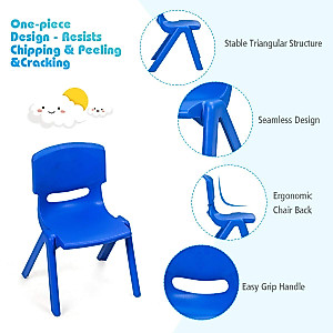 Costzon Plastic Stackable School Chairs, 4 Pack, Kids Learning Chairs with 11 inch Seat Height, Carrying Handle, Waterproof Children Chairs for Playrooms, Schools, Daycares and Home (4 Pack, Blue)