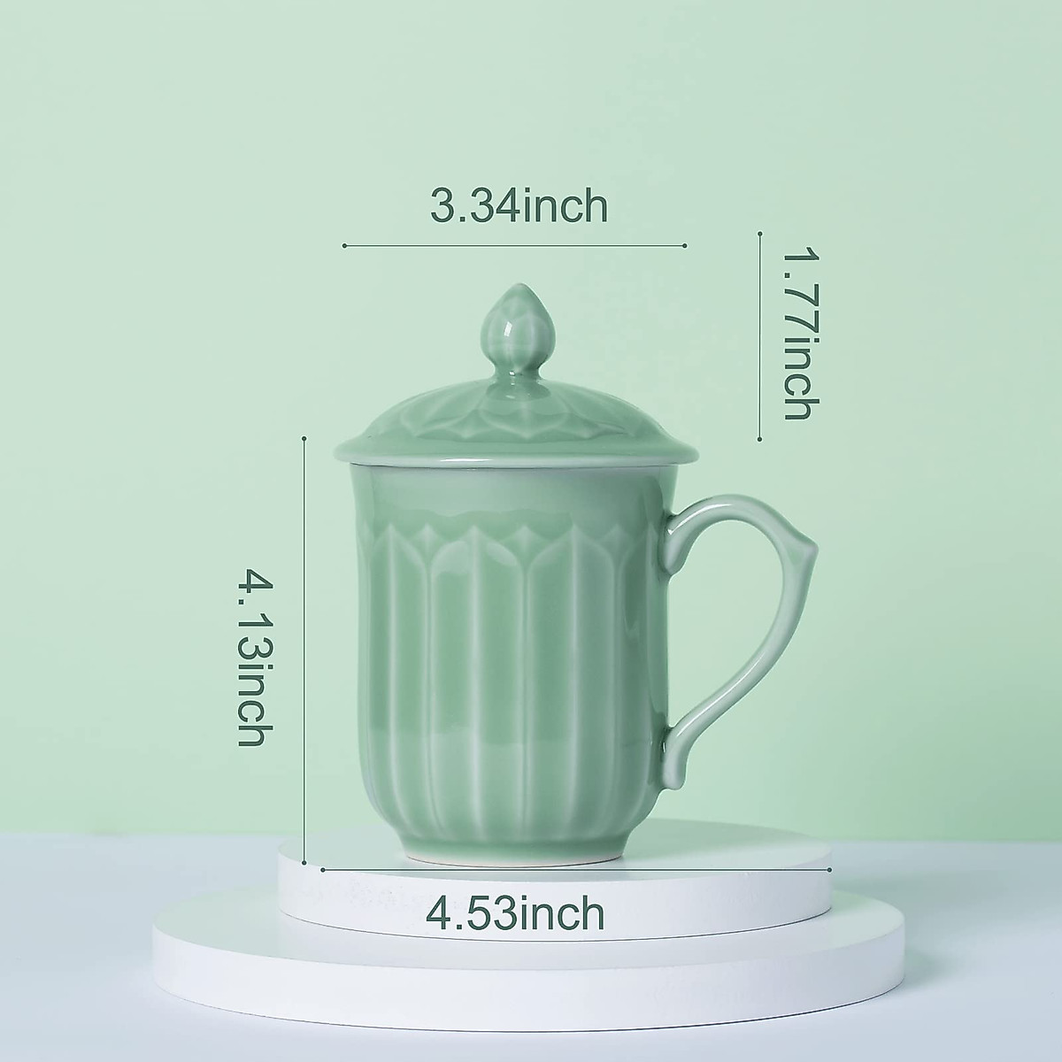 Tingyework Porcelain Lotus Tea Cup with Lid and Handle, 12 oz Unique Coffee Mug, Microwave Dishwasher Safe, Gifts for Women and Men, Aesthetic Chinese Celadon 1 Pack (Olive Green)