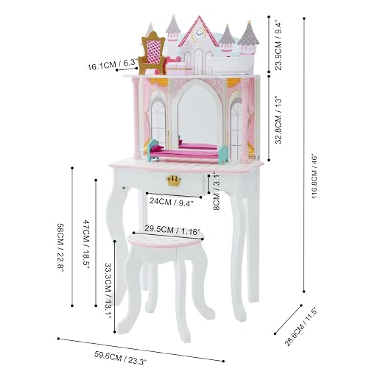 Teamson Kids Dreamland Princess Play Vanity Set with Mirror, Shelf, Storage Drawer, Stool, and Accessories for 12" Dolls, White an Pink