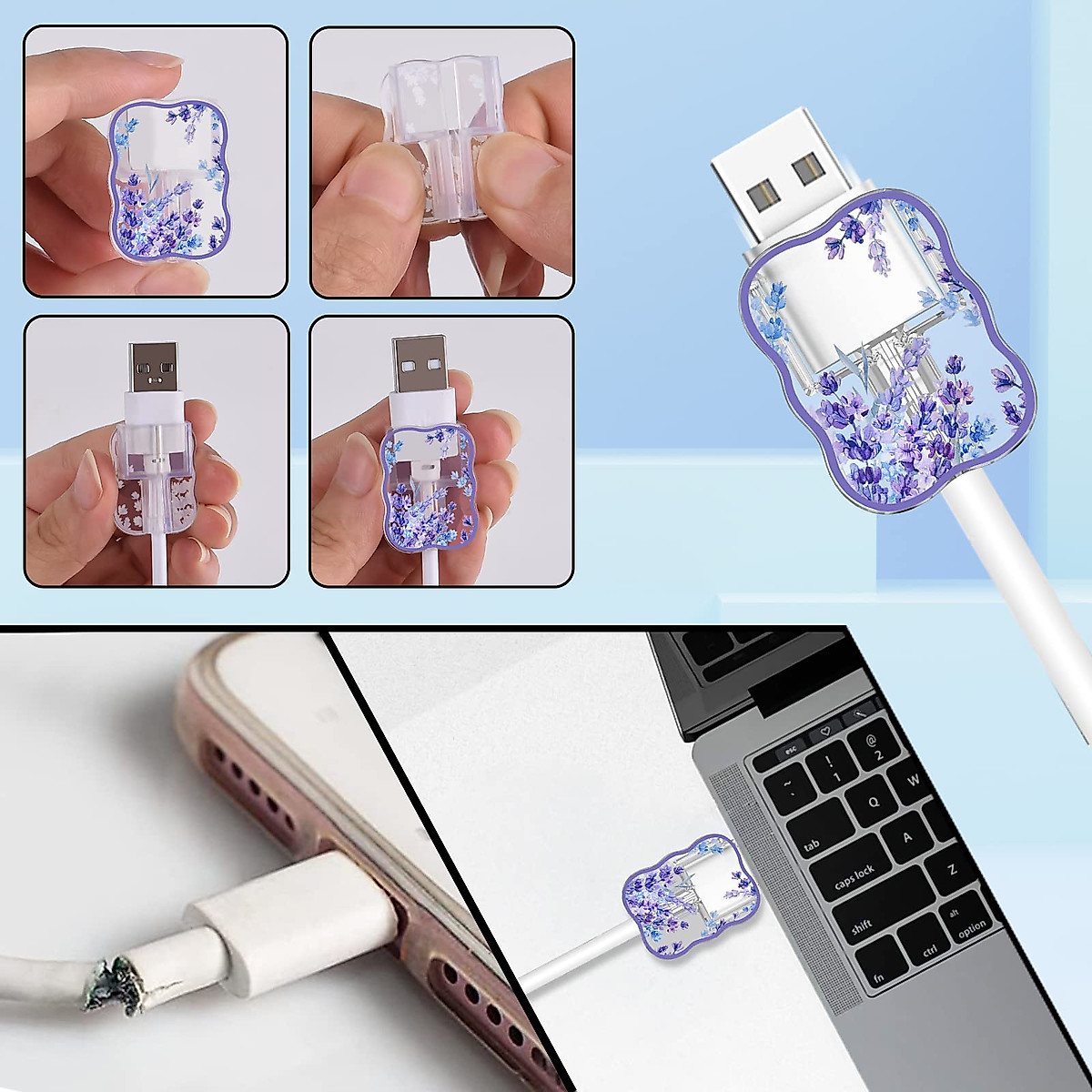 Flower Charger Cable Protector for Samsung Android USB Charger Cute Wave Edge,Butterfly Sunflower Camellia Pattern 4 PCS USB Cable Protectors,Phone Cord Protector for Women Girls,USB Charger Saver