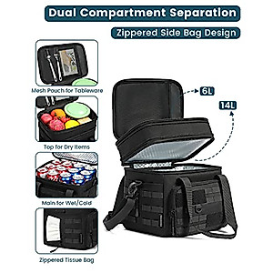 RalChyez Tactical Lunch Bag, 20L Large Heavy Duty Double Deck Insulated Lunch Box Leakproof Expandable Tote Cooler with Shoulder Strap for Adult Men Women Work Fishing Picnic Travel Black