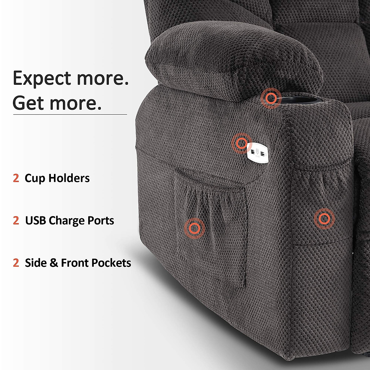 MCombo Manual Glider Rocker Recliner Chair with Cup Holders for Nursery, USB Ports, 2 Side & Front Pockets, Plush Fabric 8002 (Grey Fabric)