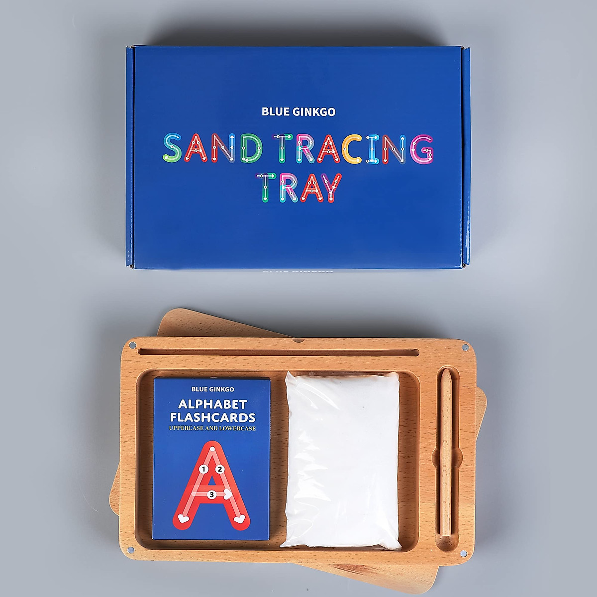 Blue Ginkgo Montessori Sand Tray – Premium Wooden Tray with Lid for Letter Tracing, Numbers, Drawing, Classroom Use (9.8 x 6.7 Inches)