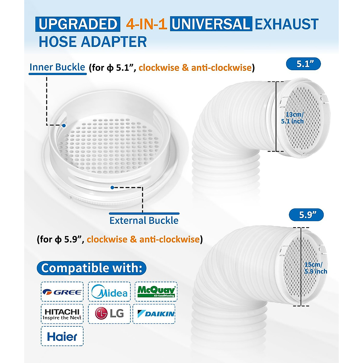 Angooni Upgraded 4-in-1 Universal Portable Air Conditioner Window Kit, Sliding Window Vent Kit for 5.9”/5.1” Hoses, Adjustable Portable AC Vent Kit from 17” to 59”, Indoor AC Window Kit, White
