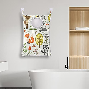 Woodland Animals Hanging Laundry Hamper Bag with 2 Door Hooks, Fox Elk Bear Mushroom Holding Dirty Clothes Bag, Saving Space Hanging Laundry Bag for Door Wall, Closet, Bathroom
