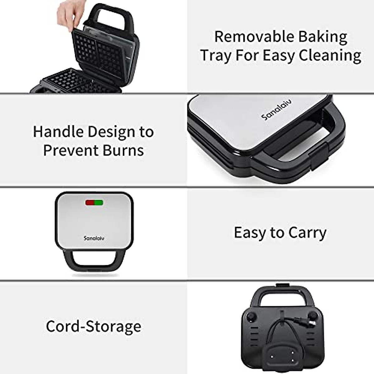 Sanalaiv Waffle Maker, Waffle Maker with Removable Plates, Nonstick Chaffle Maker, Small Waffle Maker Mini, Keto Waffle Iron Easy to Clean, PFOA Free, 5.5 Inches * 2Pcs