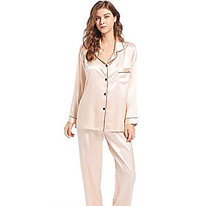 Fivali Womens Silk Satin Pajamas Long Sleeve Pj Set Two-piece Sleepwear Silky Button-down Nightwear Soft Loungewear Sets, L Champagne