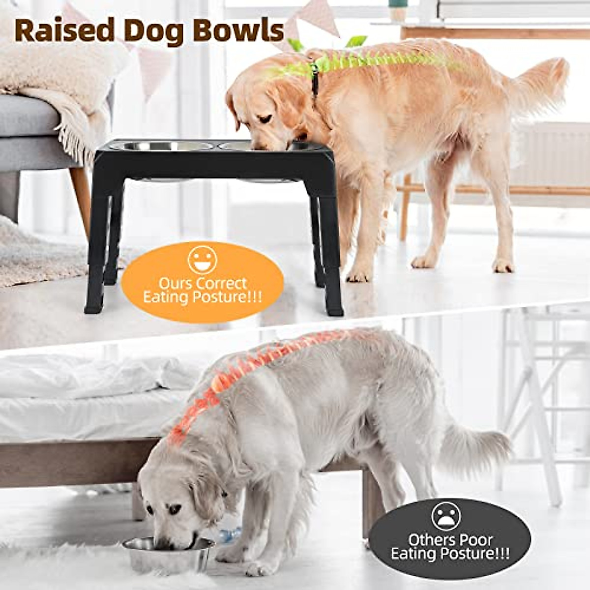 PANZZDA Elevated Dog Bowls Adjustable Raised Stand with Double Stainless Steel Food Bowls Adjusts to 4 Heights 3.1”, 8.6”, 10.2”, 11.8”, for Small Medium Large Dogs and Pets