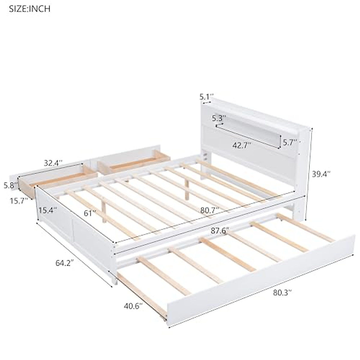WOODRK Queen Size Storage Platform Bed Frame with Multifunctional Headboard with LED and Storage Shelves, Modern Wooden Beds with 2 Drawers and 1 Twin Size Trundle, for Bedroom, Easy Assembly, White