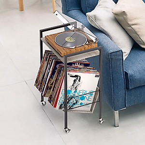 NOVIMANGO Record Player Stand with Storage, Vinyl Player Stand 2 Tier Vinyl Record Storage with Wheels Turntable Stand with Metal Frame Industrial Record Player Cabinet for Bedroom Office, Gray