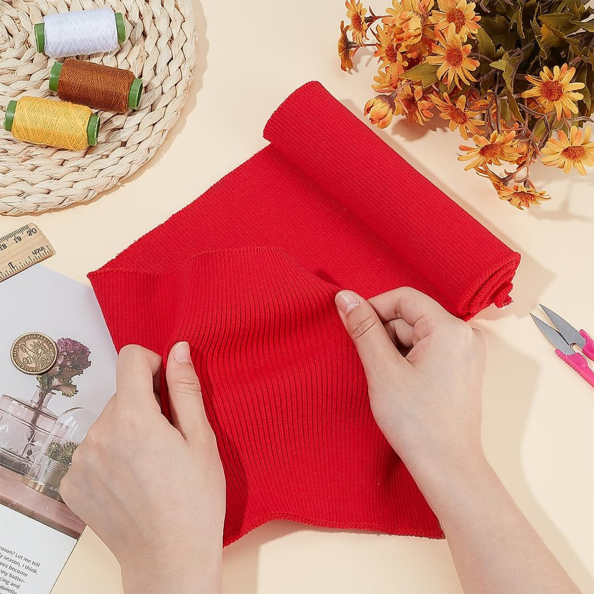 BENECREAT 39x6.9 Inch Knitted Rib Fabric, Dark Red Rib Cuff Fabric, Polyester Ribbing Fabric for Waistband Neckband Cuffs Jacket Extension, Clothing Accessories