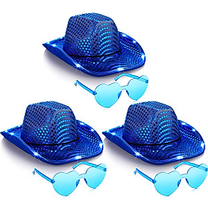 Zhanmai 3 Pack Lights Cowboy Hat LED Light up Sequins Cowgirl Hat and Heart Glasses Set for Flashing Retro Party Accessories(Blue)