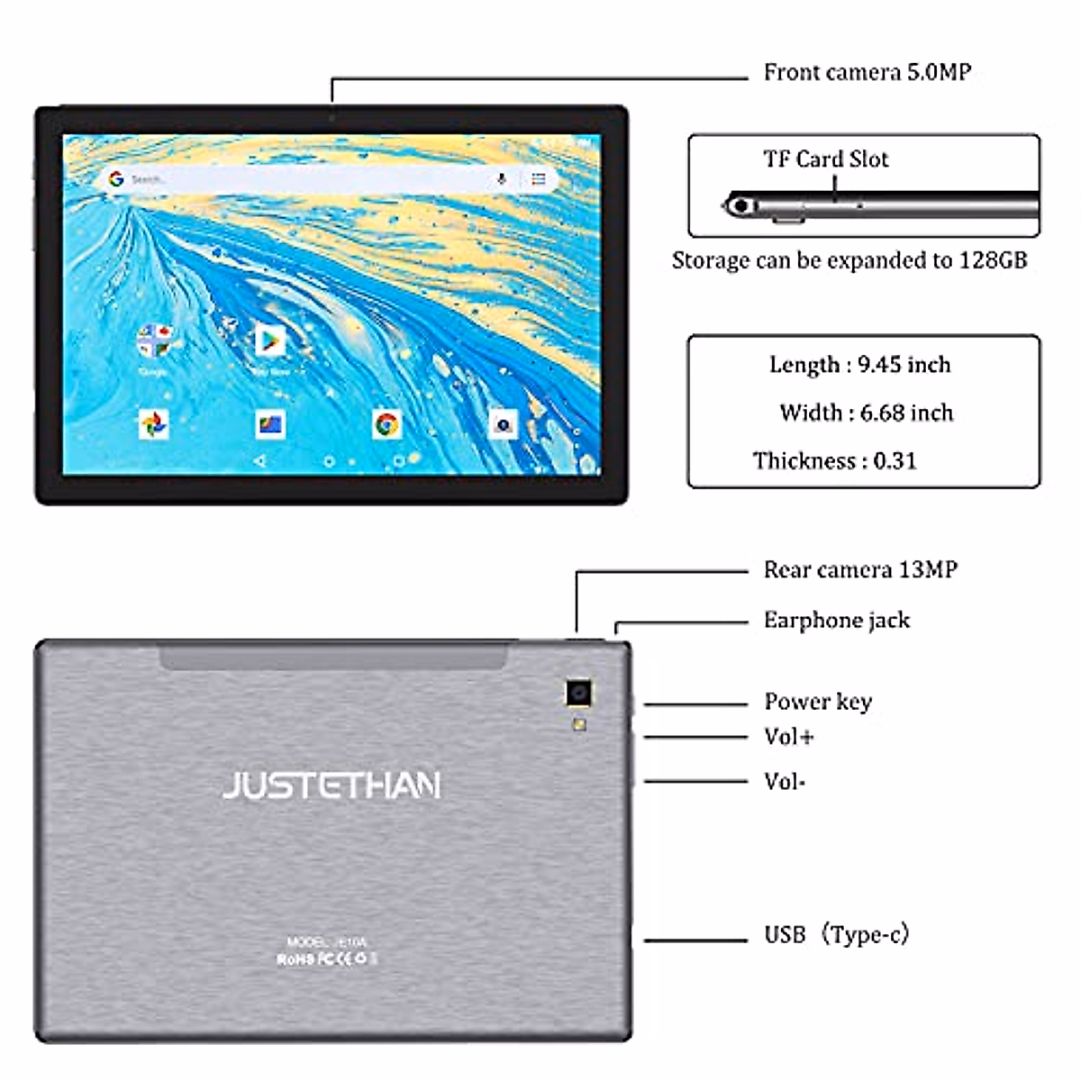 Justethan Android Tablet, Octa-Core Upgrade Google Certificated 5G Wi-Fi 10 inch Tablets, with 2GB RAM, 32GB Storage (128GB Expansion), 13.0MP Camera and Bluetooth 5.0, Latest Model 2023, Gray