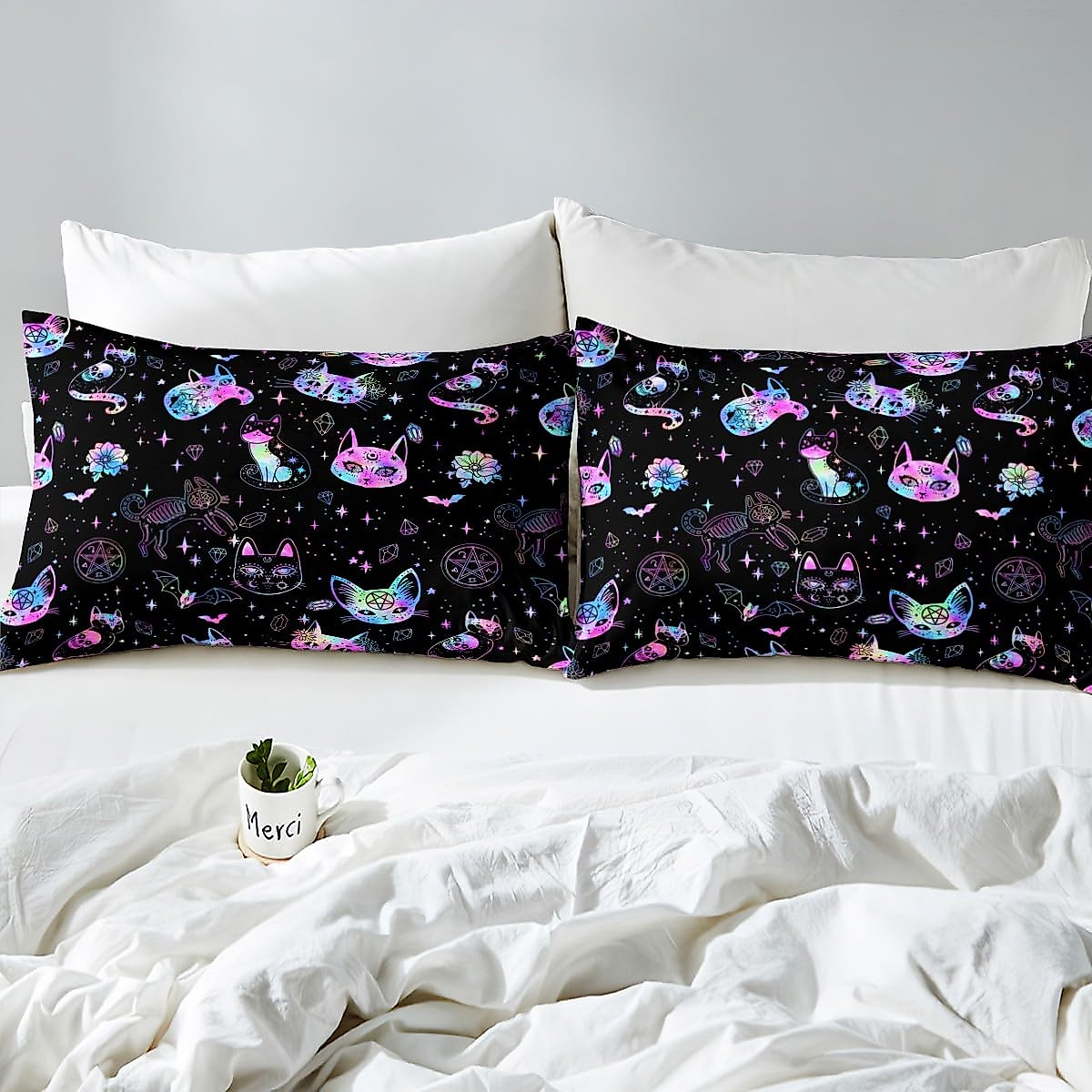 Ombre Cat Skull Duvet Cover Black Galaxy Starry Bedding Set Gothic Constellation Comforter Cover Room Decor White Bats Animal Bedspread Cover Queen Size with 2 Pillow Cases