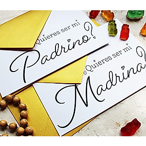 Spanish Will you be my Godparents Cards (Madrina & Padrino) - Godmother & Godfather Proposals in Black-and-White Lettering, with Golden Shimmer Envelopes (Set of 2 cards) (Madrina & Padrino)