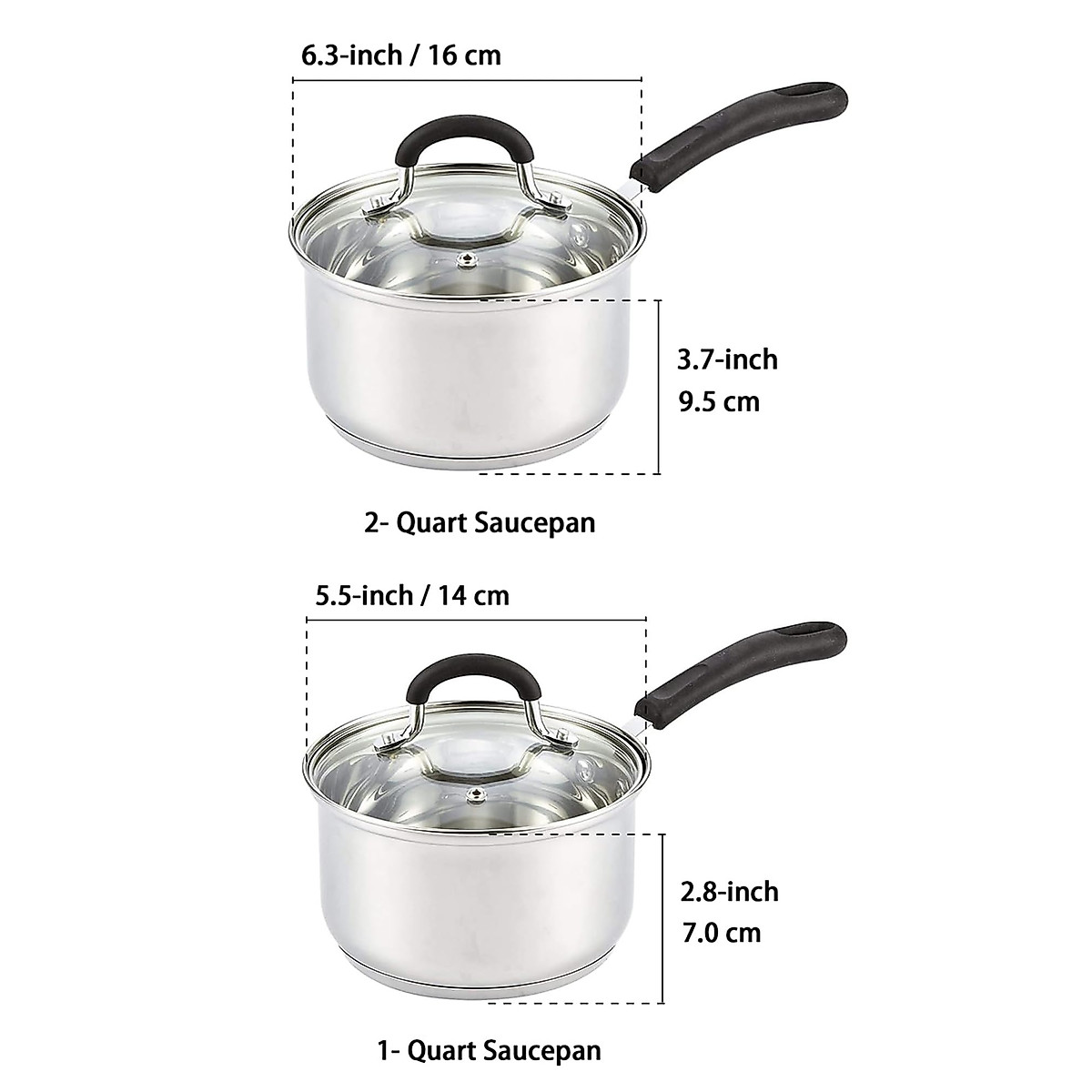 Cook N Home Professional Stainless Steel Saucepan with Lid, 1 and 2 Quarts, Silver