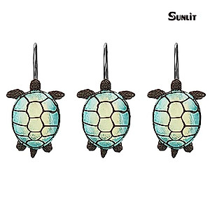 Sunlit Sea Turtle Shower Curtain Hooks, Home Decorative Shower Curtain Rings for Bathroom, Resin, Ocean Shower Curtain Hanger Hooks for Kid Room Living Room, Set of 12